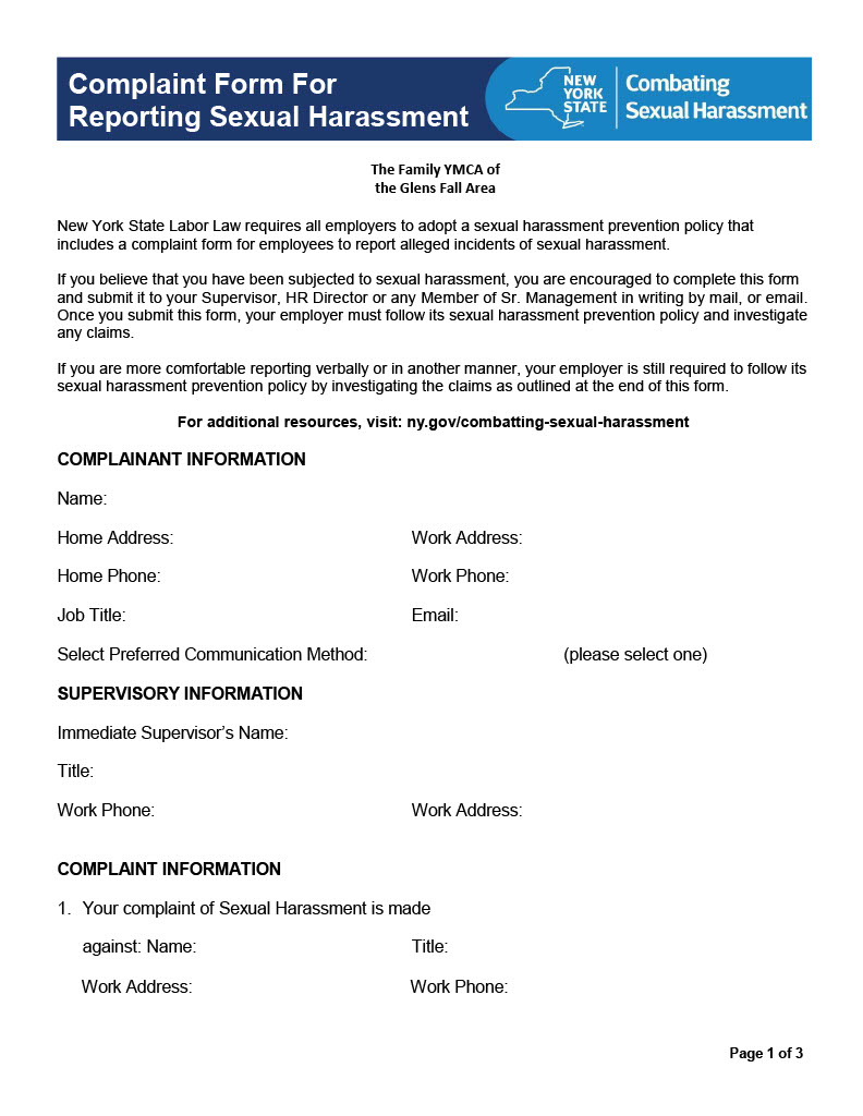 GF YMCA Complaint Form - Family YMCA of the Glens Falls Area